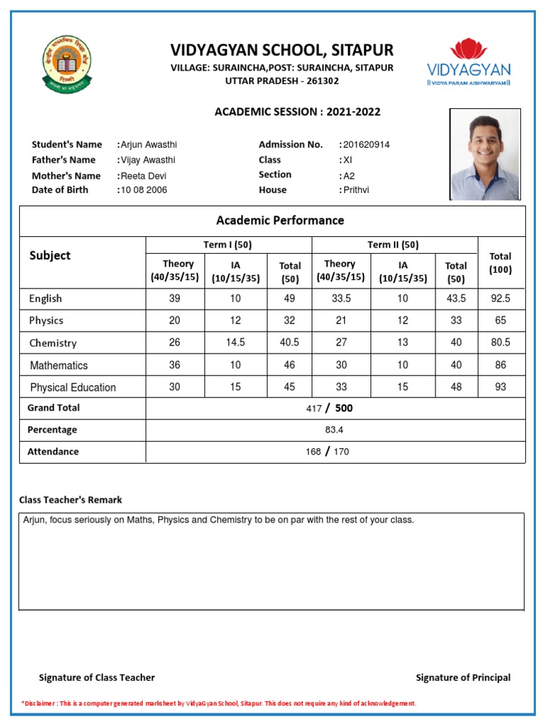 Academic Performance Report for Arjun Awasthi of Class XI, Section A2 ...