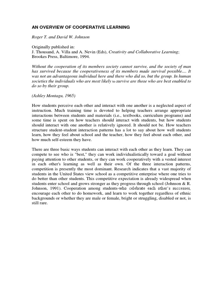 An Overview of Cooperative Learning. | PDF | Teachers | Cognition