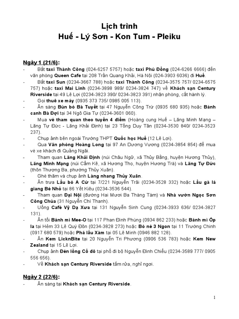 Lich Trinh Hue - Ly Son - Kon Tum - Pleiku 2017 | PDF