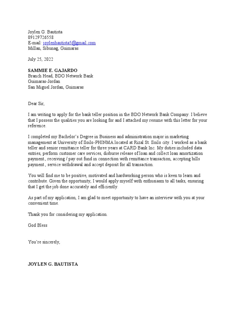 Applicatio Letter BDO | PDF