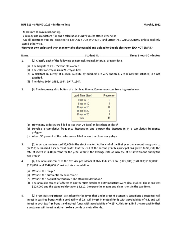 NSU BUS 511-SPRING2022-Midterm Exam | PDF | Mean | Skewness