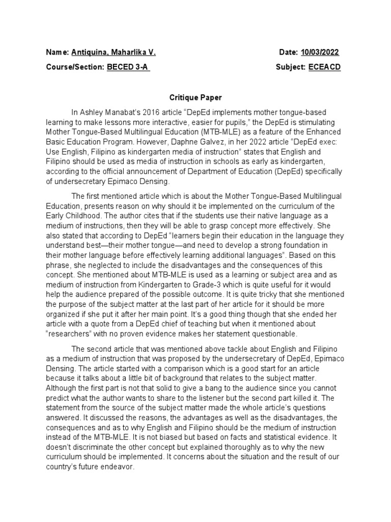 Critique Paper | PDF | Curriculum | Kindergarten