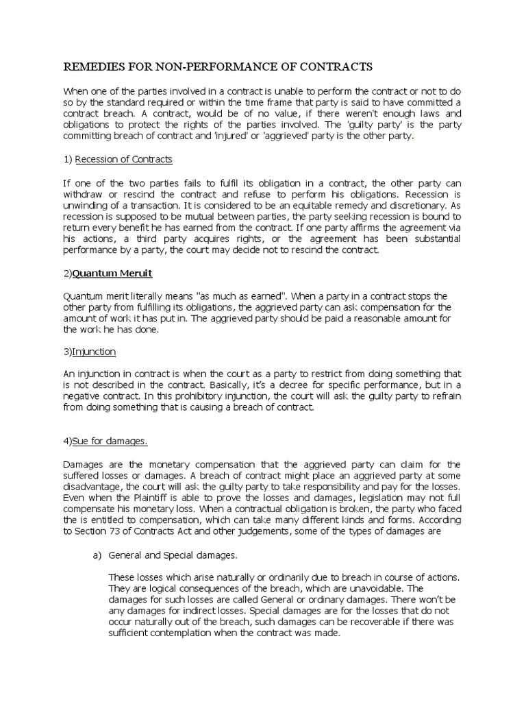 Remedies For Non Performance of Contracts | PDF | Damages | Breach Of ...