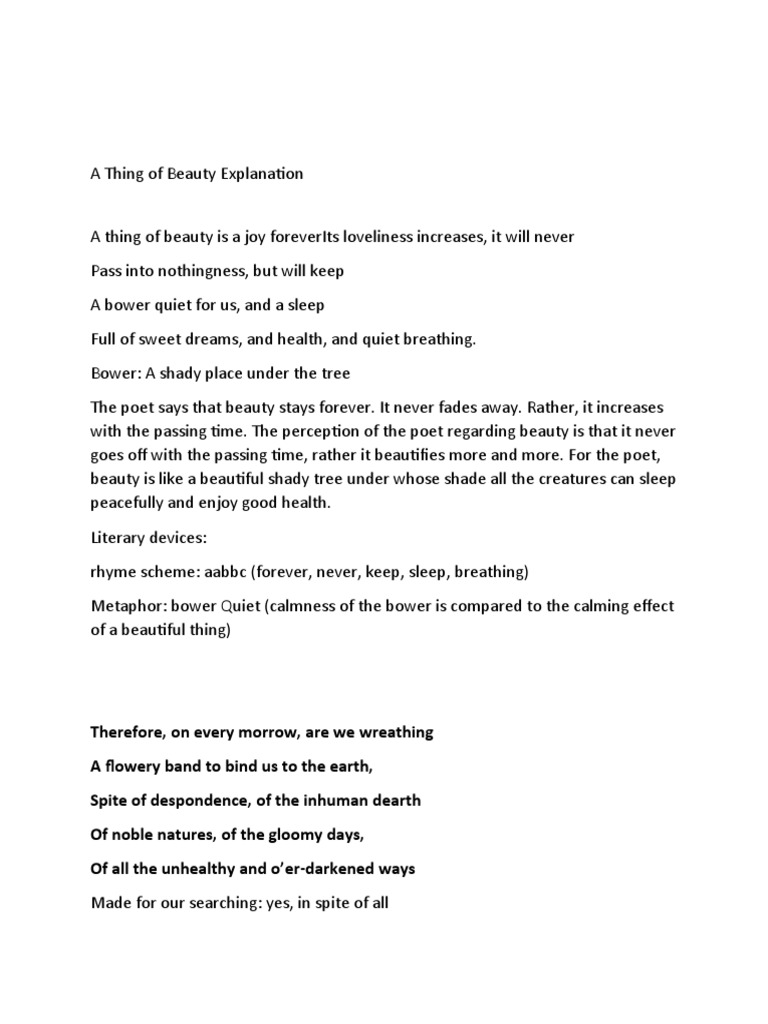 A Thing of Beauty Explanation | PDF | Beauty | Rhyme