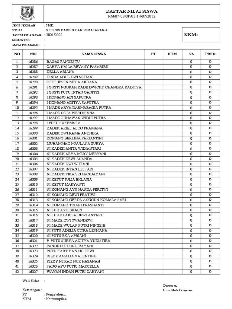 Daftar Nilai KHS Semster Ganjil Kelas X | PDF