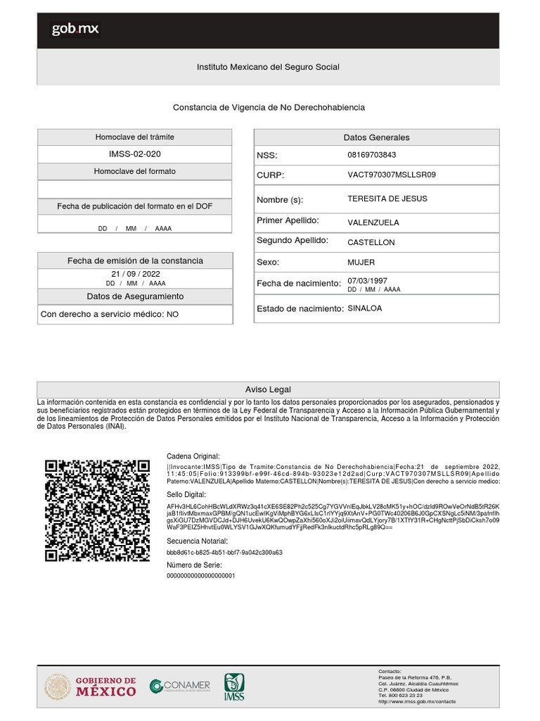 Constancia de No Derechohabiencia IMSS | PDF | Etica Aplicada ...