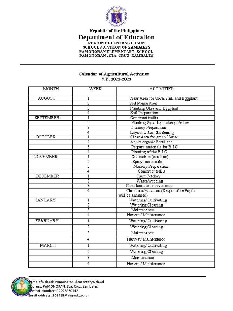 Calendar of Agricultural Activities | PDF | Tillage | Food And Drink