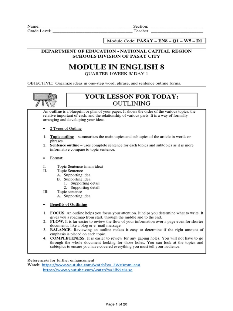 Outlining Techniques for English 8 | PDF | Love | Romance (Love)