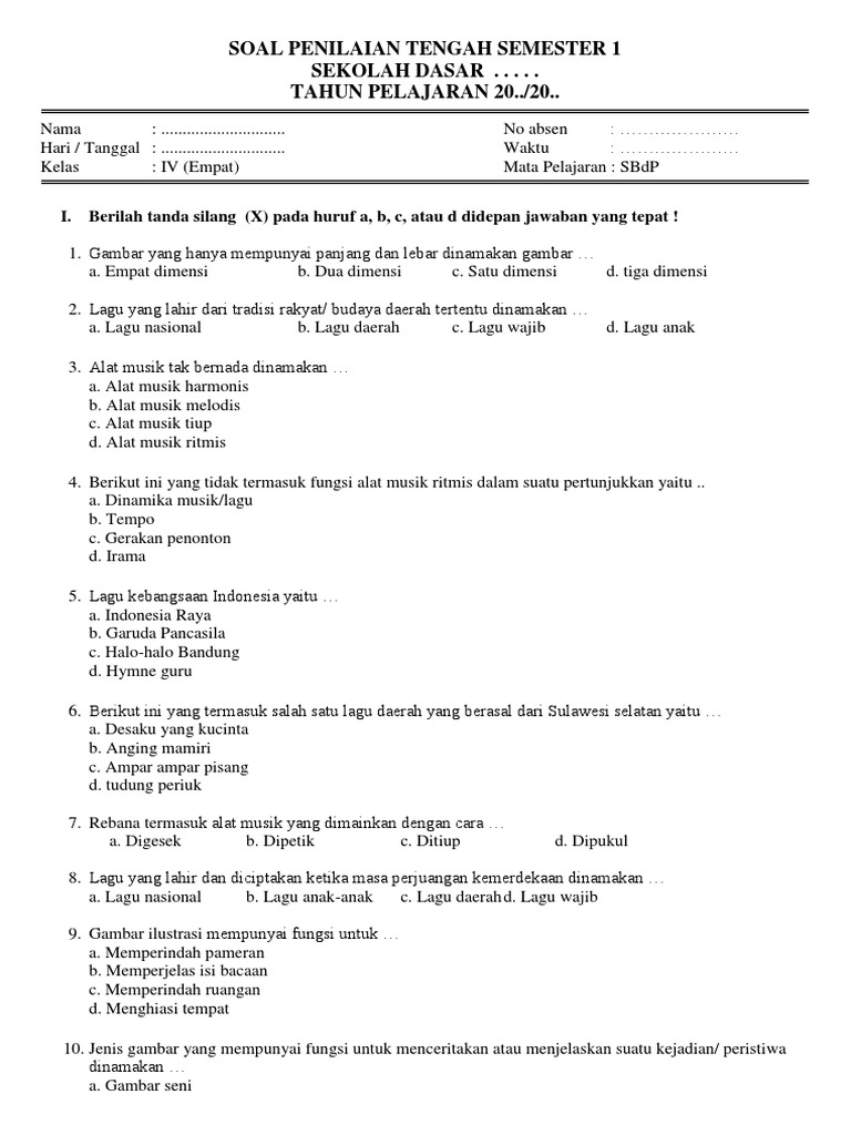 Soal PTS SBDP Kelas 4 Semester 1 | PDF Soal PTS SBDP Kelas 4 Semester 1 | PDF