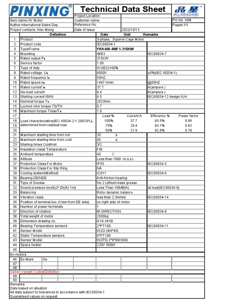 6kV Squirrel Cage Motor Data Sheet | PDF | Electric Motor ...