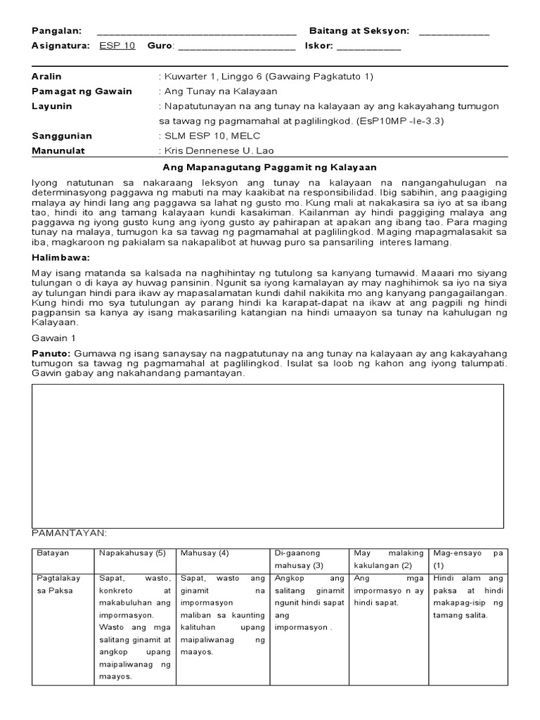 Las-Esp10 Q1 Week6 | PDF