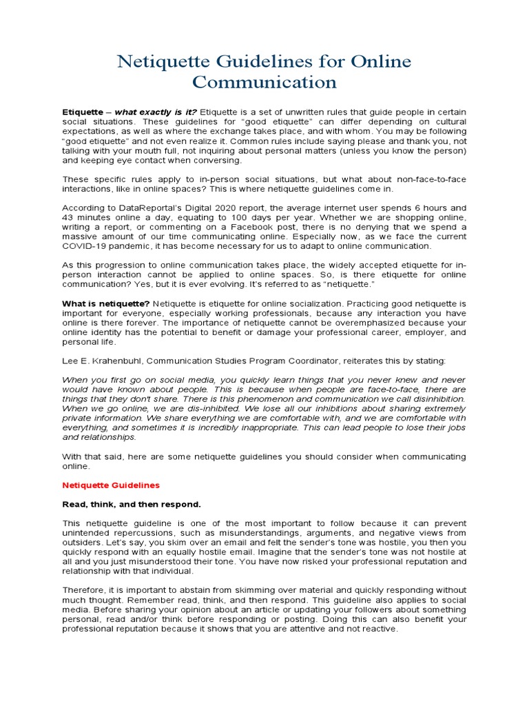 Netiquette Guidelines For Online Communication (Soc Sci 111) | Download Free PDF | Communication ...