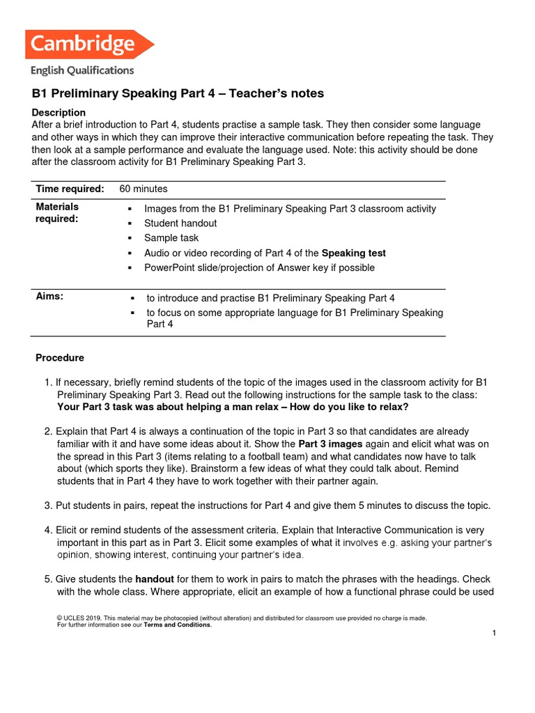 b1 Preliminary Speaking Part 4 | PDF | Communication | Question