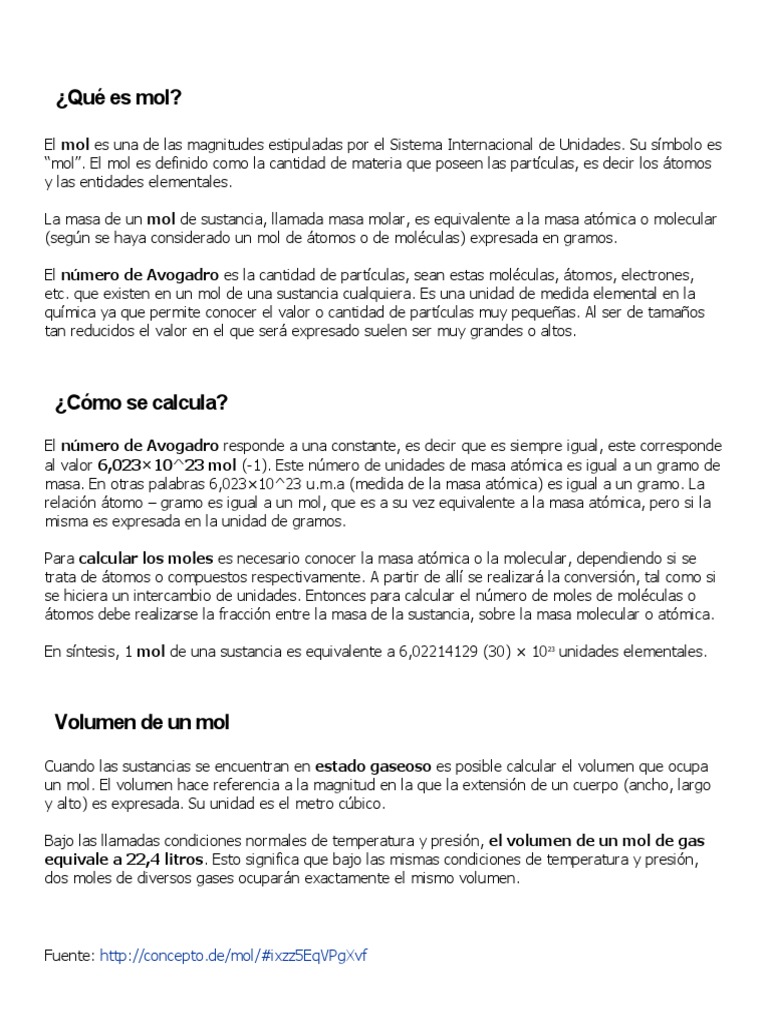 Definición y características del mol | PDF | Ciencia y matemáticas