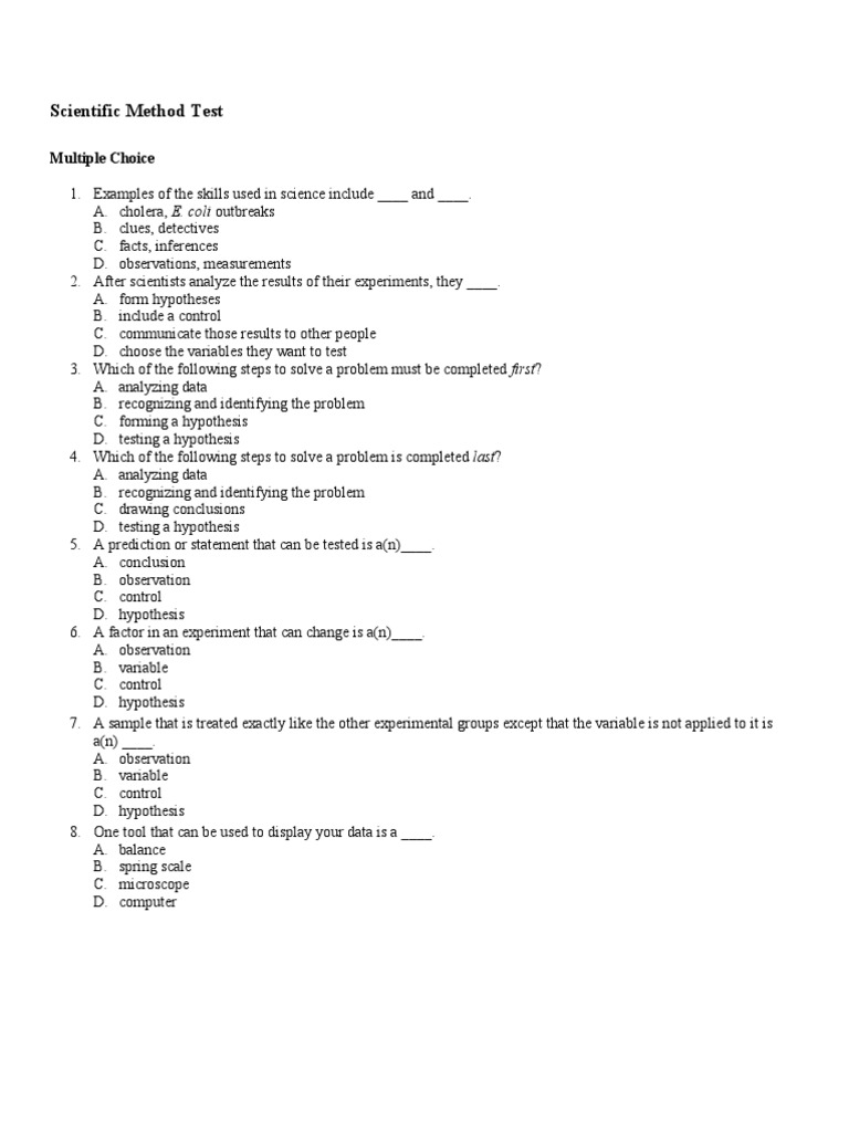 Scientific Method Multiple Choice Test | PDF | Experiment | Scientific ...