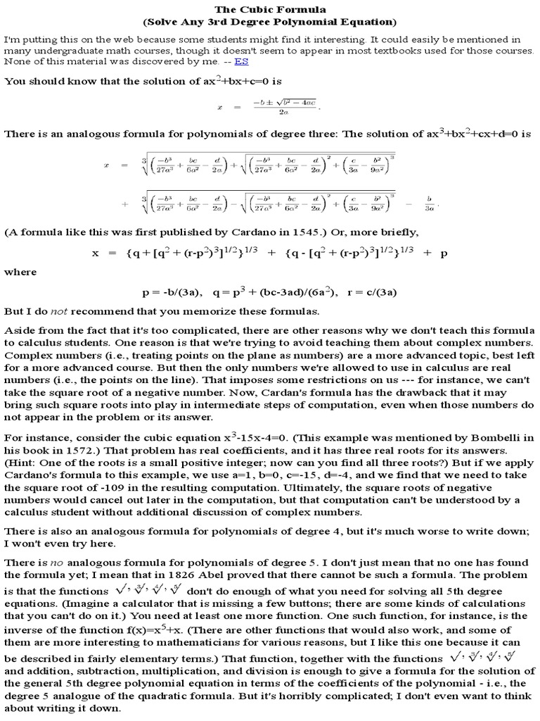 The Cubic Formula | PDF | Polynomial | Mathematical Analysis