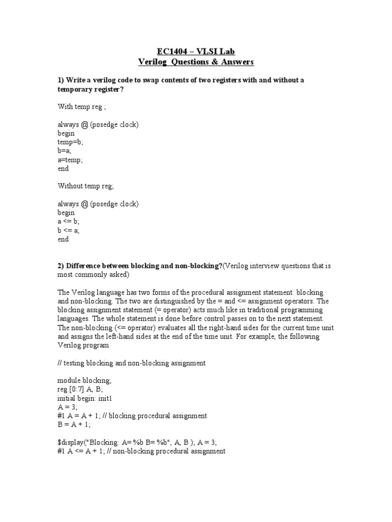 EC1404 – VLSI Lab Verilog Interview Questions Answers | PDF | Parameter (Computer Programming ...