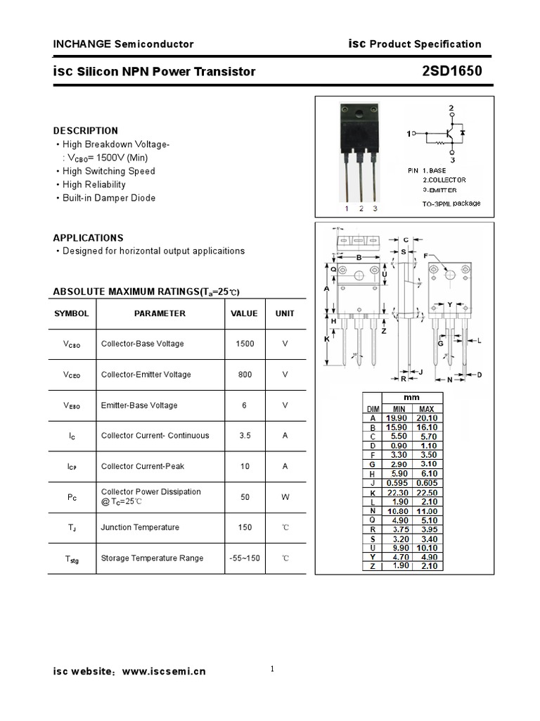 2SD1650 TV Final Linii | PDF | Bipolar Junction Transistor | Transistor