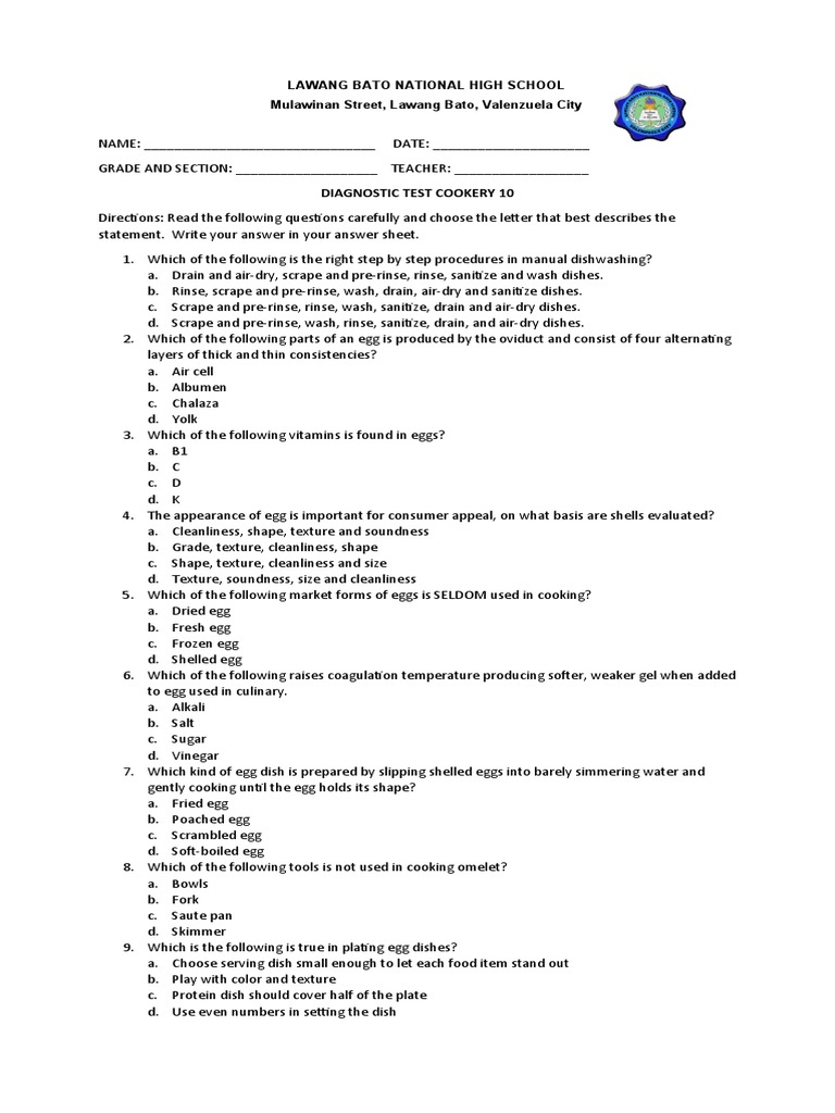 Diagnostic Test Cookery 10 | PDF | Beef | Cooking