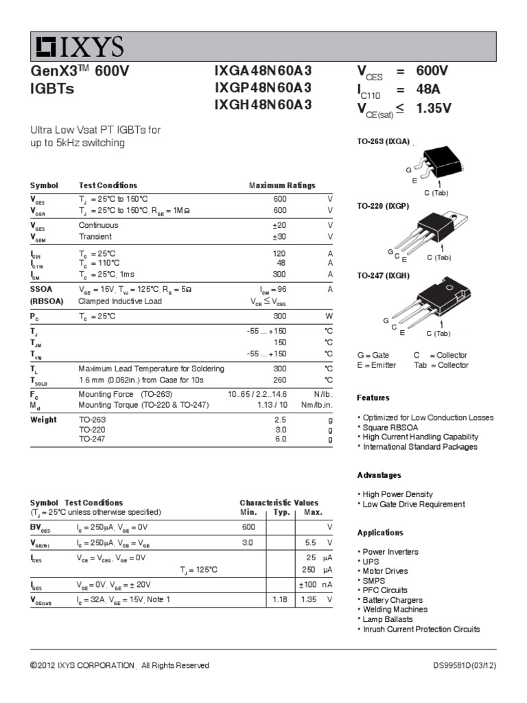 Ixgp48n60a3 To220 48a 1,3V | PDF | Volt | Electrical Equipment