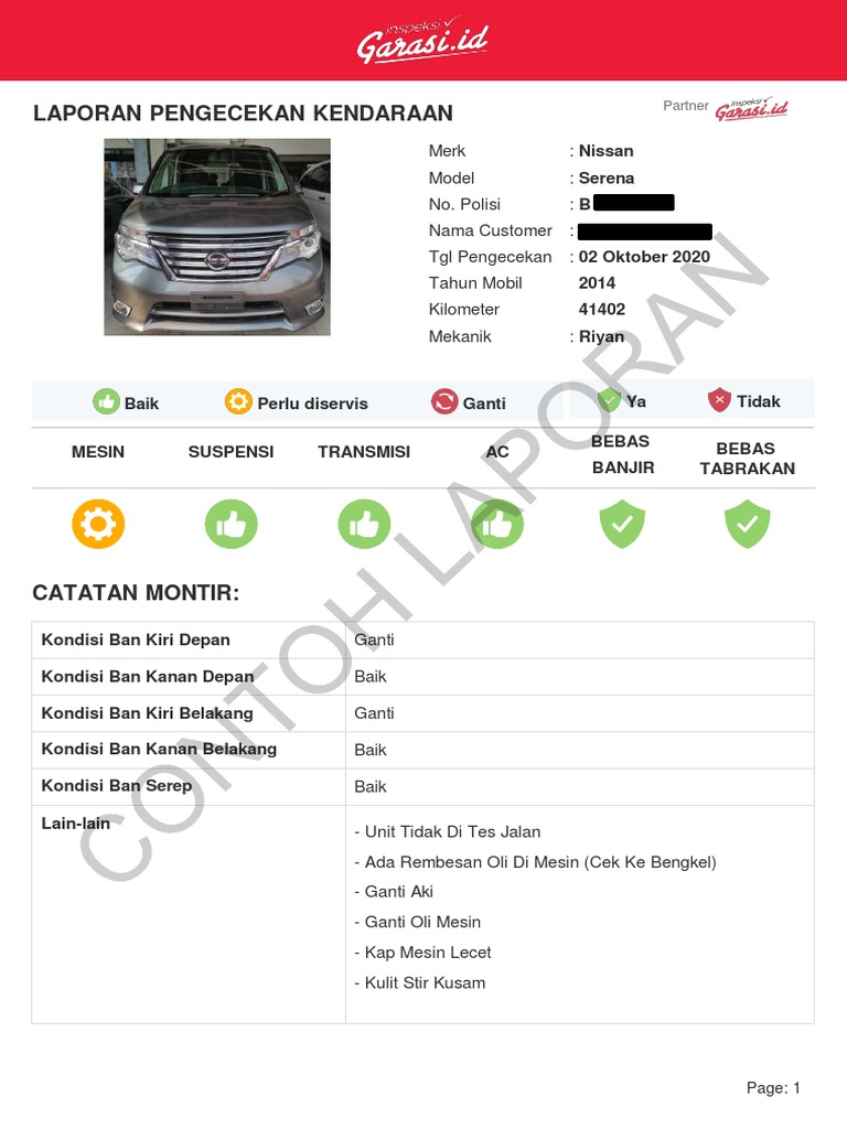 Contoh Laporan Inspeksi Mobil Garasi - Id | PDF