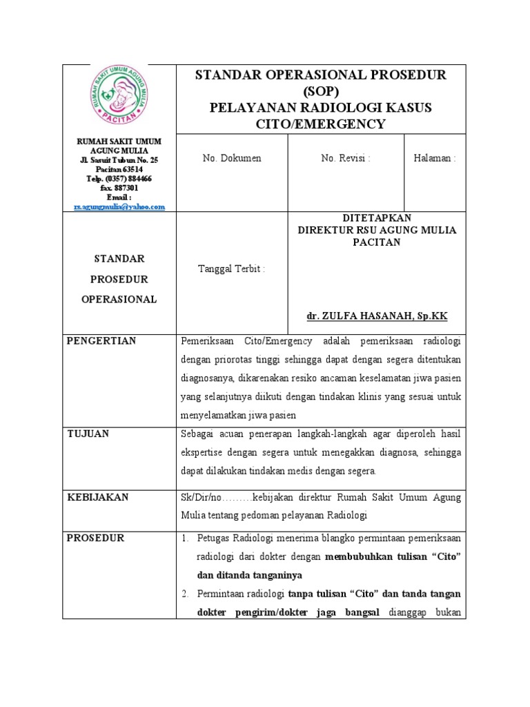 SOP Pelayanan Radiologi Cito di RSU Agung Mulia | PDF | Sains & Matematika
