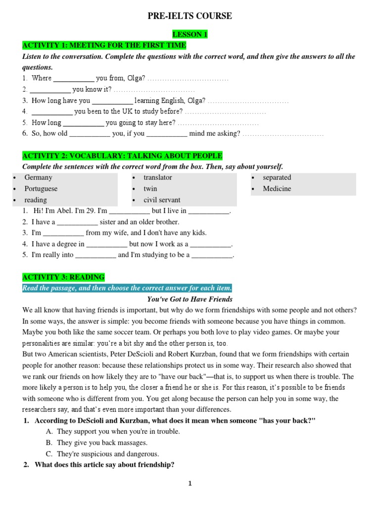 Pre-Ielts Lesson 1 - Sts | PDF
