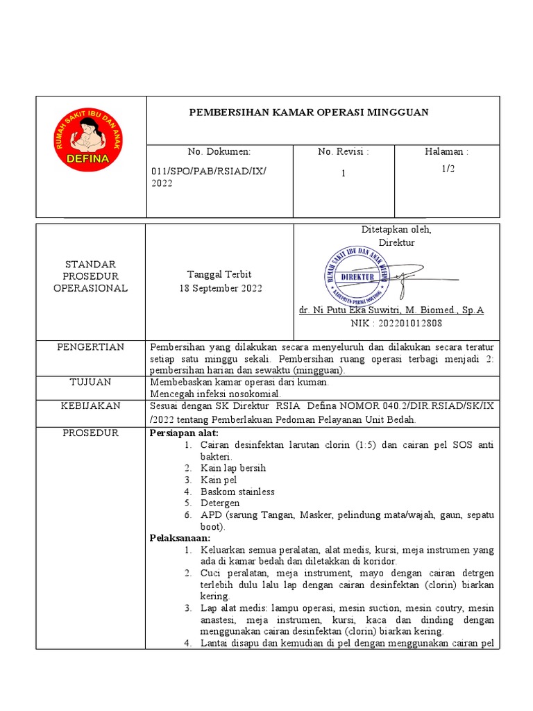 SOP Pembersihan Kamar Operasi Mingguan | PDF