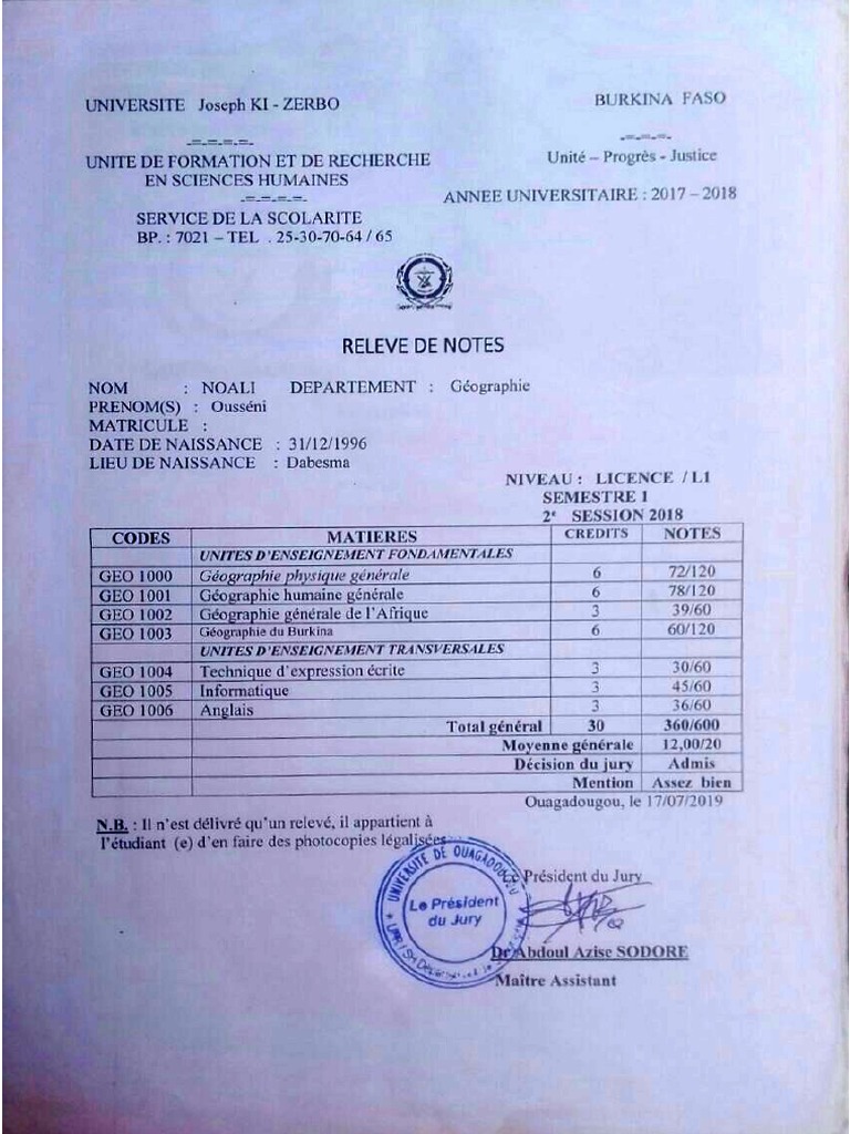 Relevé de Notes Semestre 1 | PDF