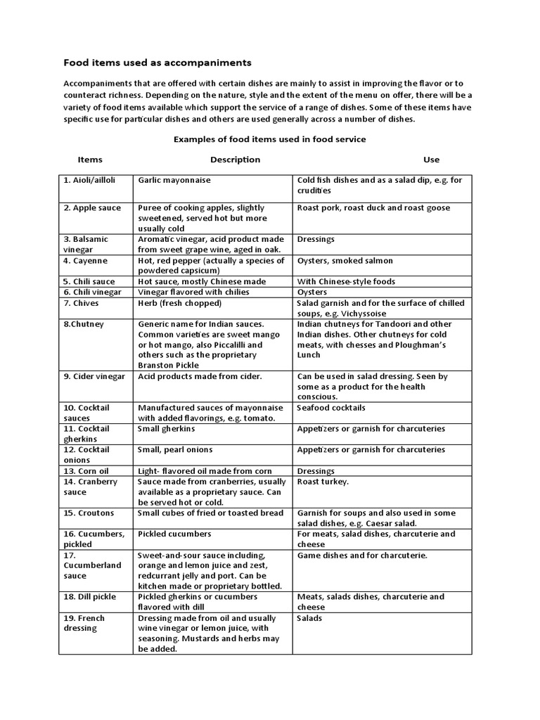 Food accompaniments guide | PDF