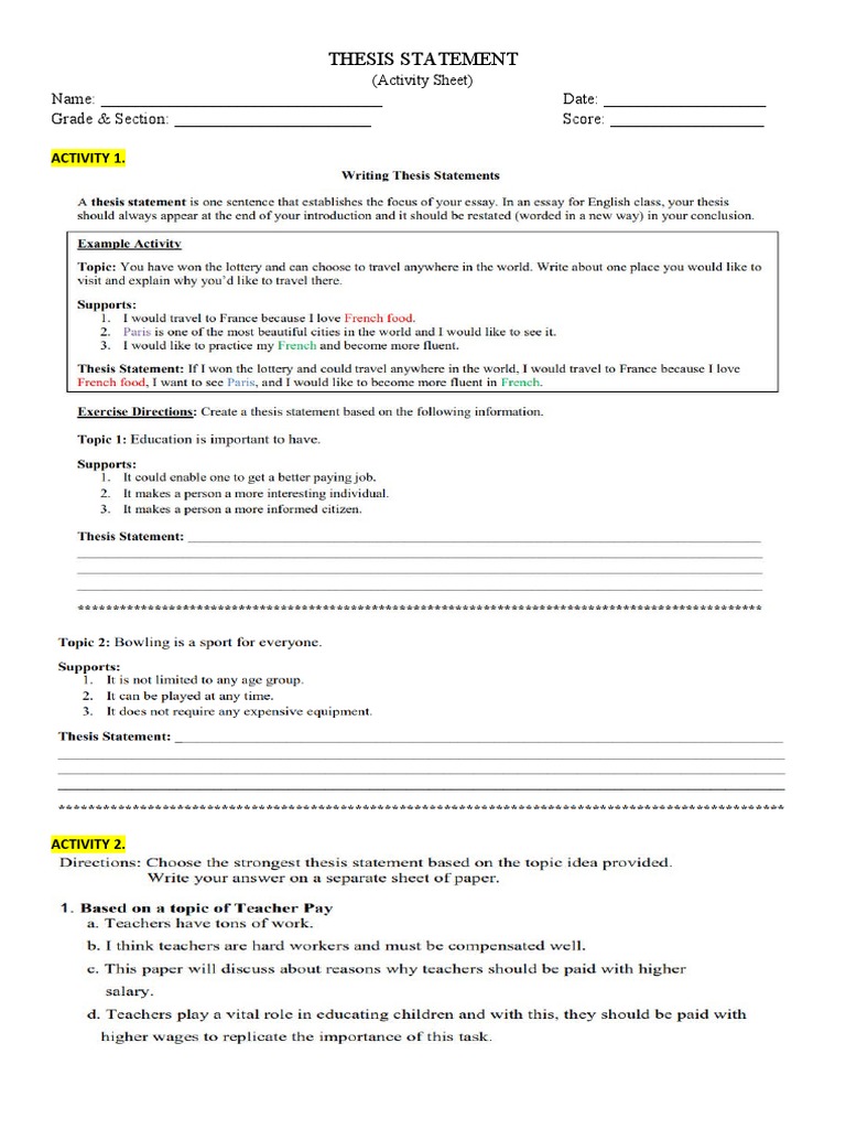 THESIS STATEMENT activity Sheet PDF
