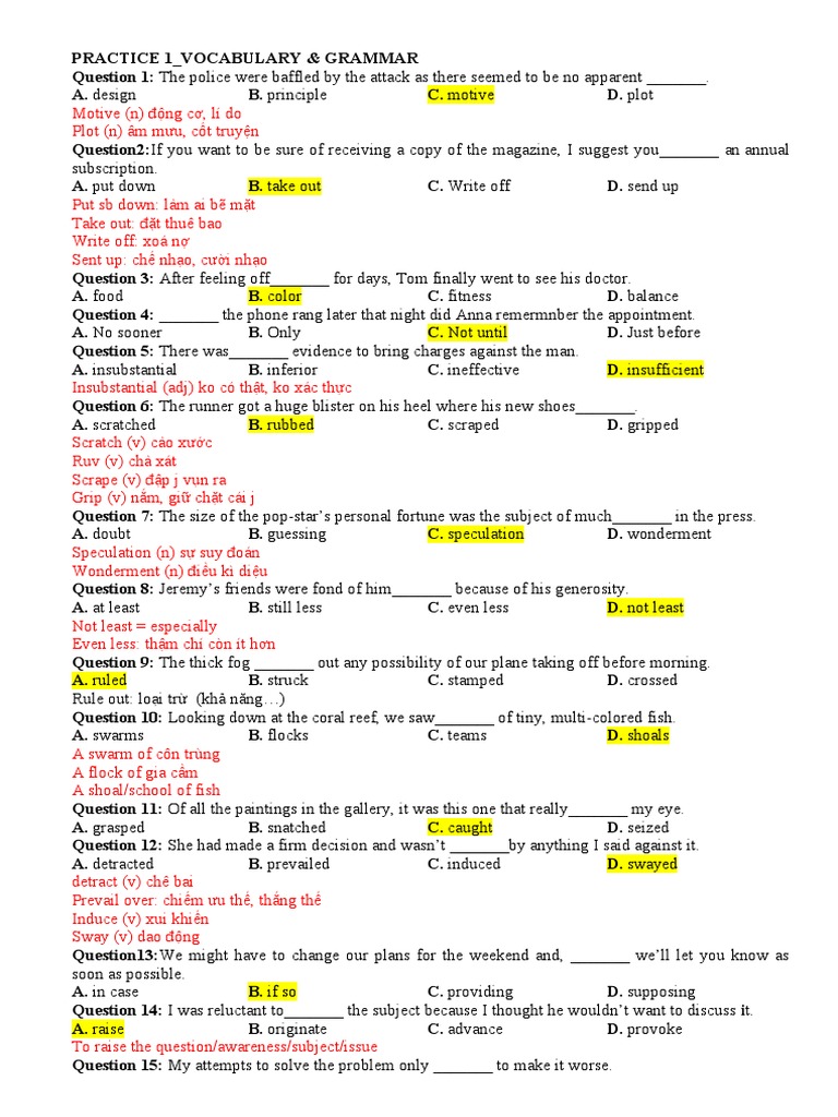 Practice 1: Vocabulary and Grammar Questions with Explanations | PDF