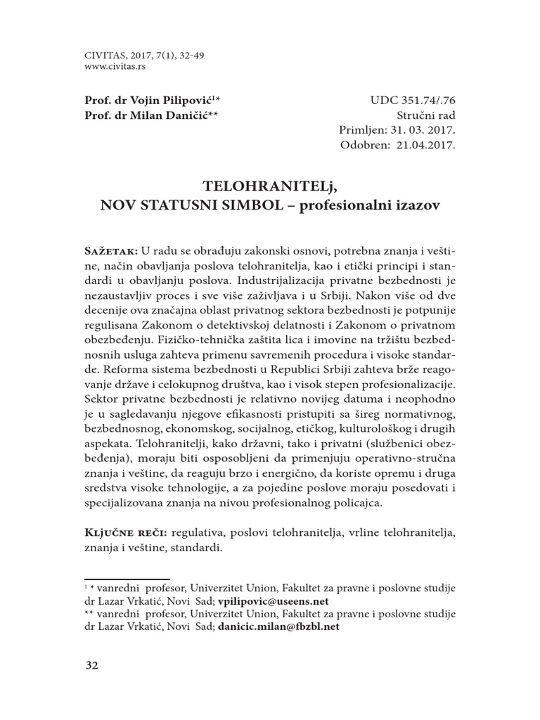 Telohranitelj, NOV STATUSNI SIMBOL - Profesionalni Izazov: Prof. DR ...