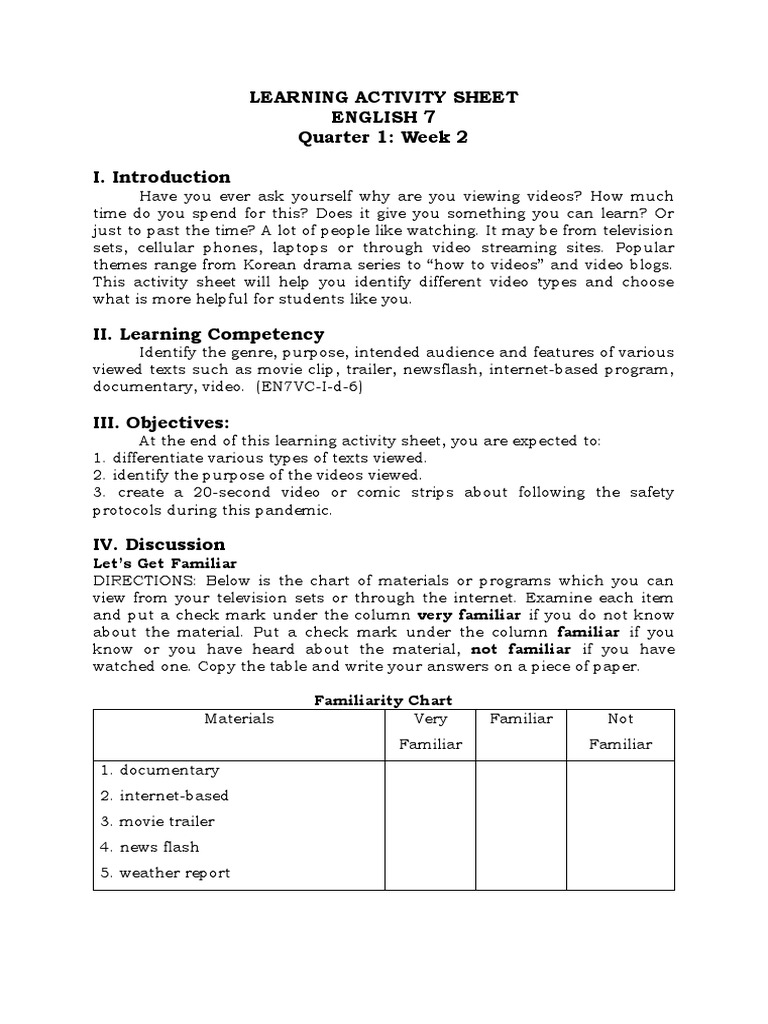 Q1 Week 2 Grade 7 LAS Genres of Viewing | PDF | Communication | Mass Media