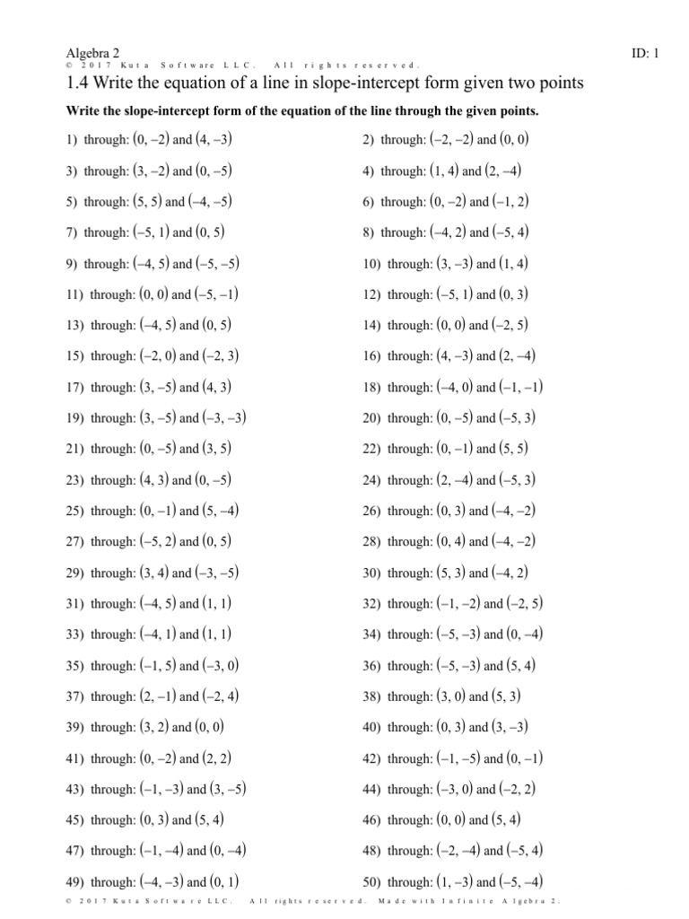 1.4 Write The Equation of A Line in Slope-Intercept Form Given Two ...