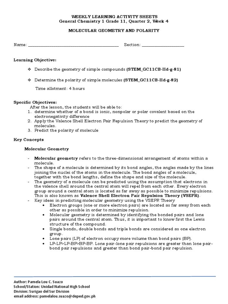 General Chemistry 1 Qt. 2 Week 4 | PDF | Chemical Polarity | Chemical Bond