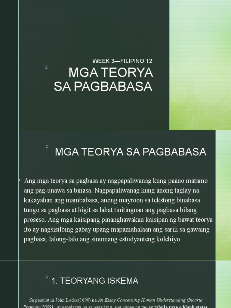Mga Teorya Sa Pagbabasa Filipino 12 Week 3 | PDF