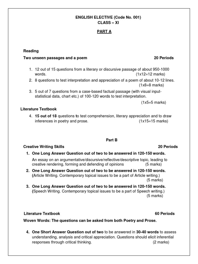 CBSE Class 11 English Elective 2021-22 | PDF | Reading Comprehension ...