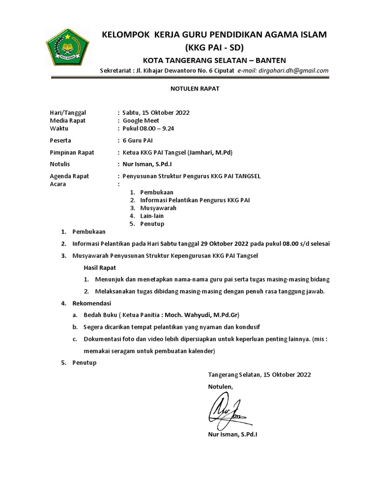 Notulen Rapat KKG PAI TANGSEL | PDF