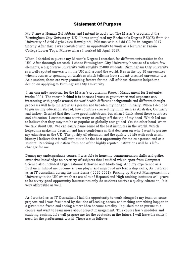 Statement of Purpose for MSc Project Management | PDF | Project ...