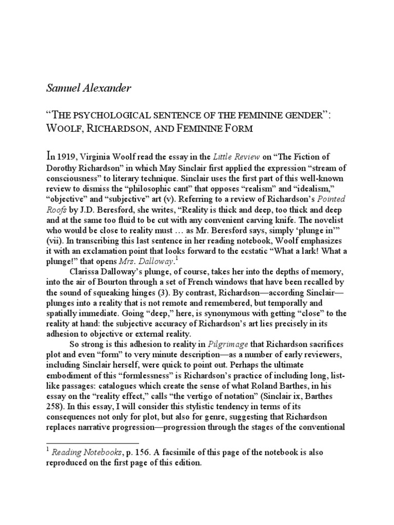 Samuel Alexander: "T ": W, R, F F | PDF | Mrs Dalloway | Virginia Woolf