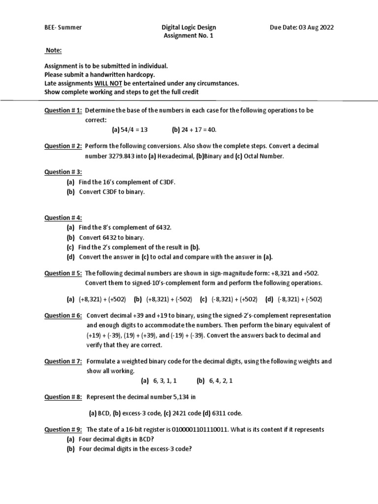 Assignment 1 Dld Pdf Binary Coded Decimal Theory Of Computation