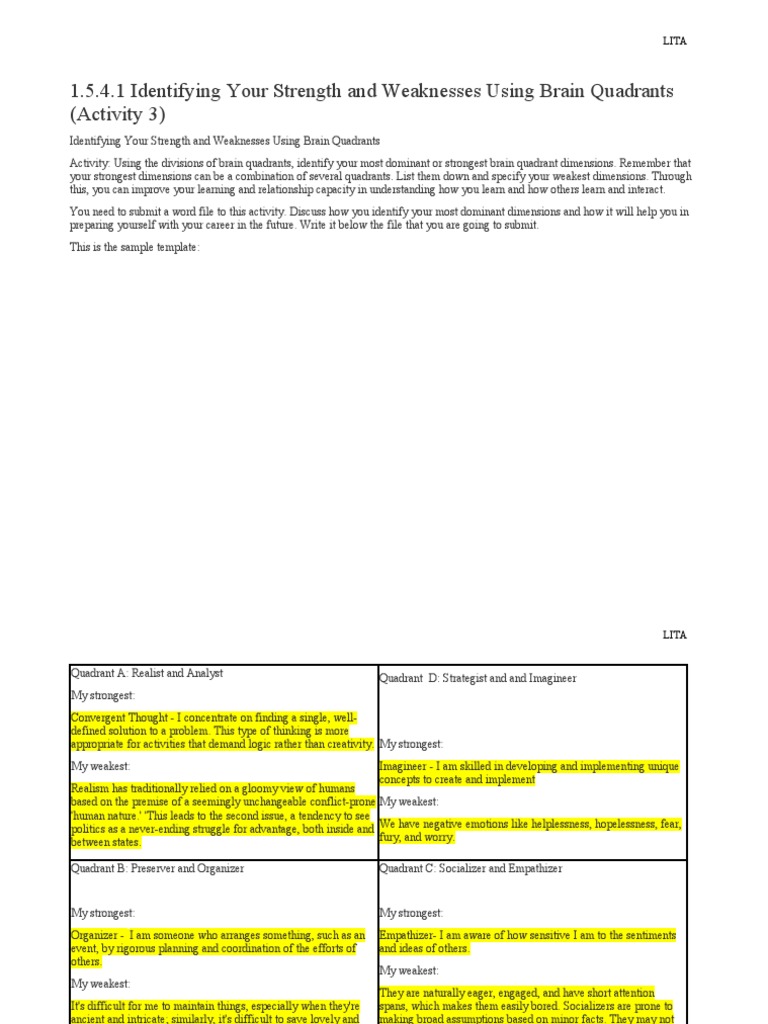 Brain Quadrant Self-Assessment | PDF | Thought | Cartesian Coordinate ...