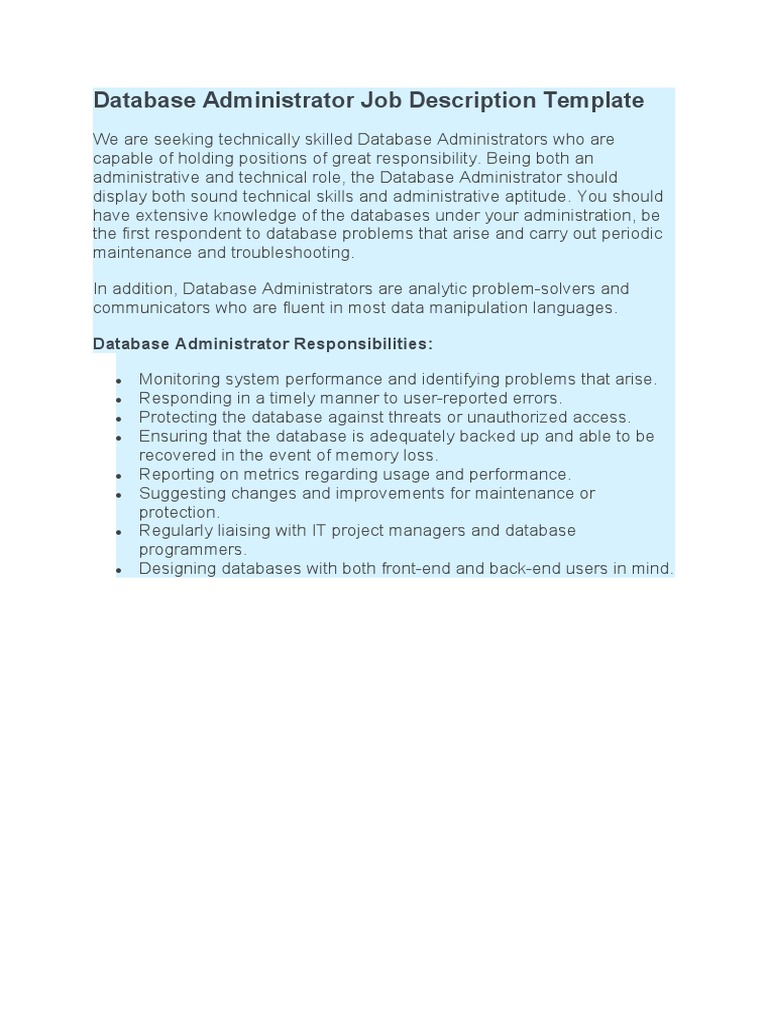 Database Administrator Job Description Template | PDF