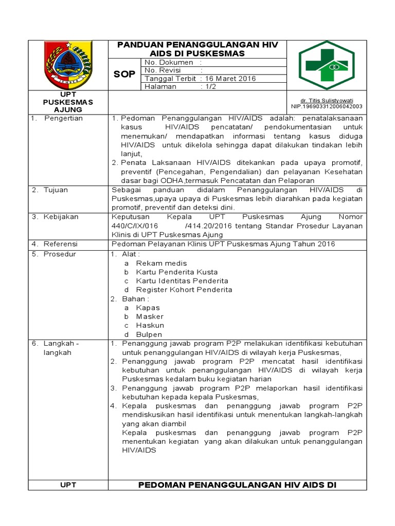 SOP PEDOMAN PENANGGULANGAN HIV AIDS DI PUSKESMAS MTP BLM | PDF | Pengembangan Diri | Kesehatan ...