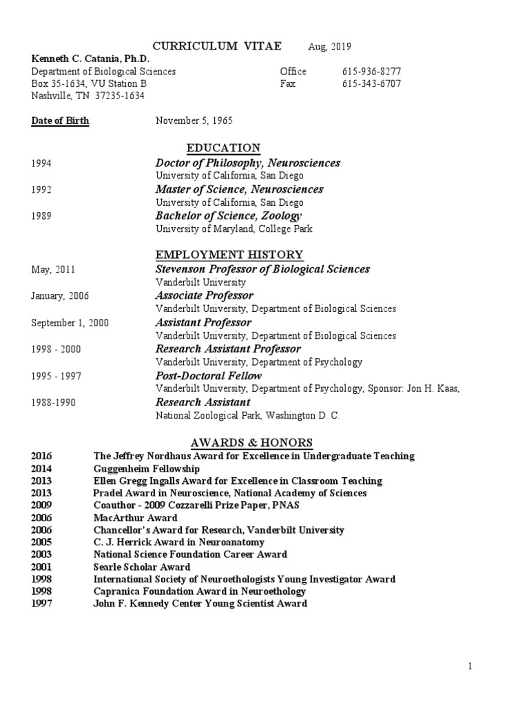 Kenneth Catania CV and Publications | PDF | Cerebellum | Neuroscience