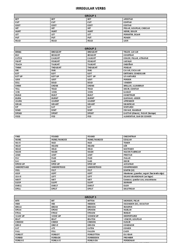 Irregular Verbs 2-3 Eso | PDF | Language Arts & Discipline | Foreign ...