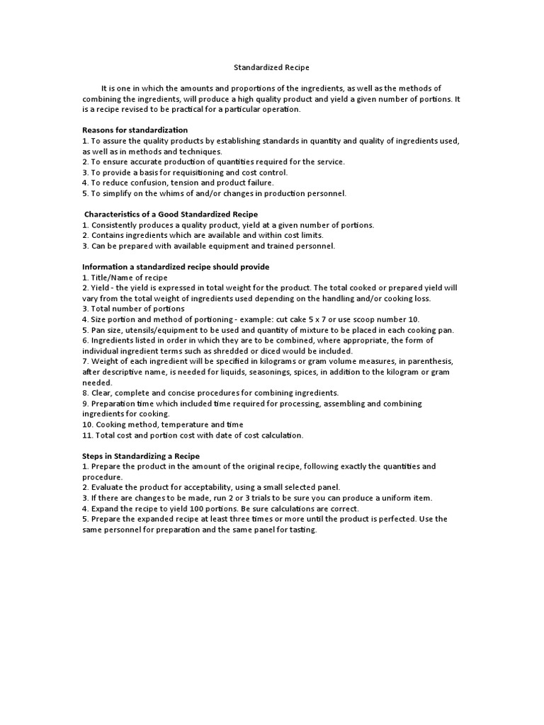 Standardized Recipe Notes | PDF | Cooking | Weight