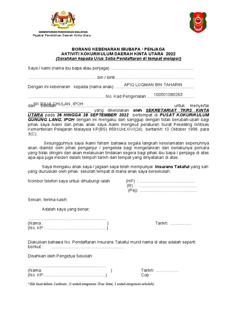Borang Kebenaran Dan Kesihatan Murid | PDF