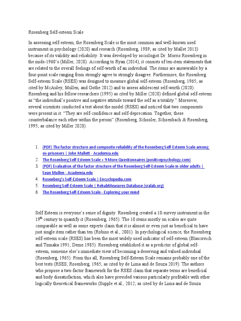 Rosenberg Self-Esteem Scale assessment | PDF | Self Esteem ...
